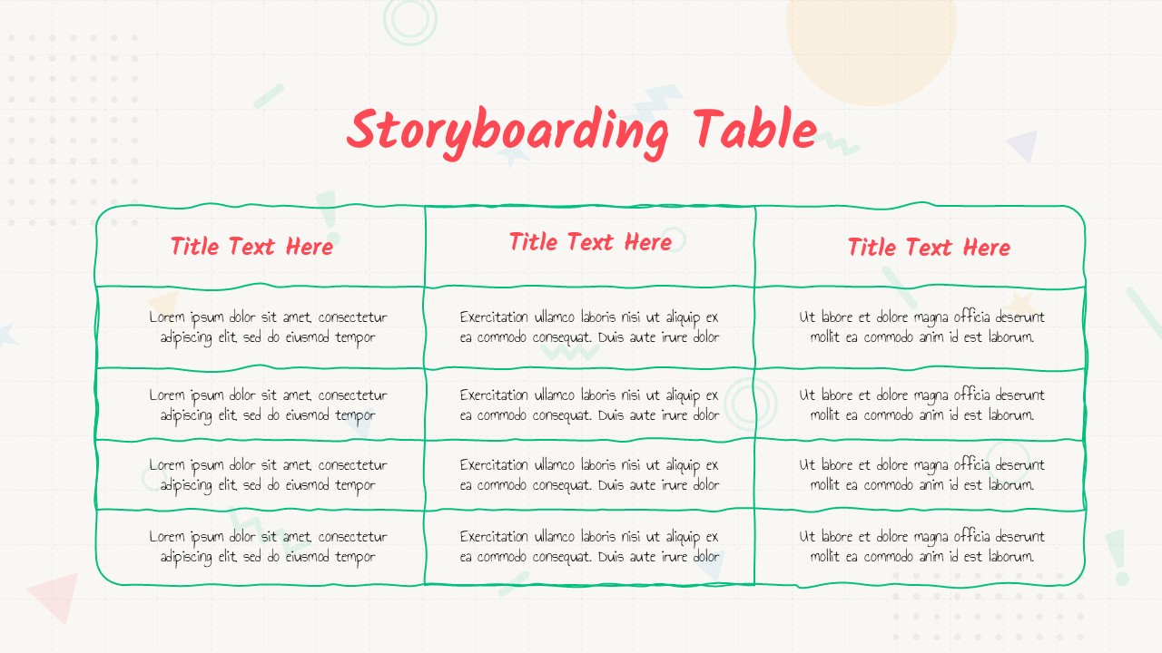 Free Hand Drawn Style Storyboarding Table Slide Template - SlideKit
